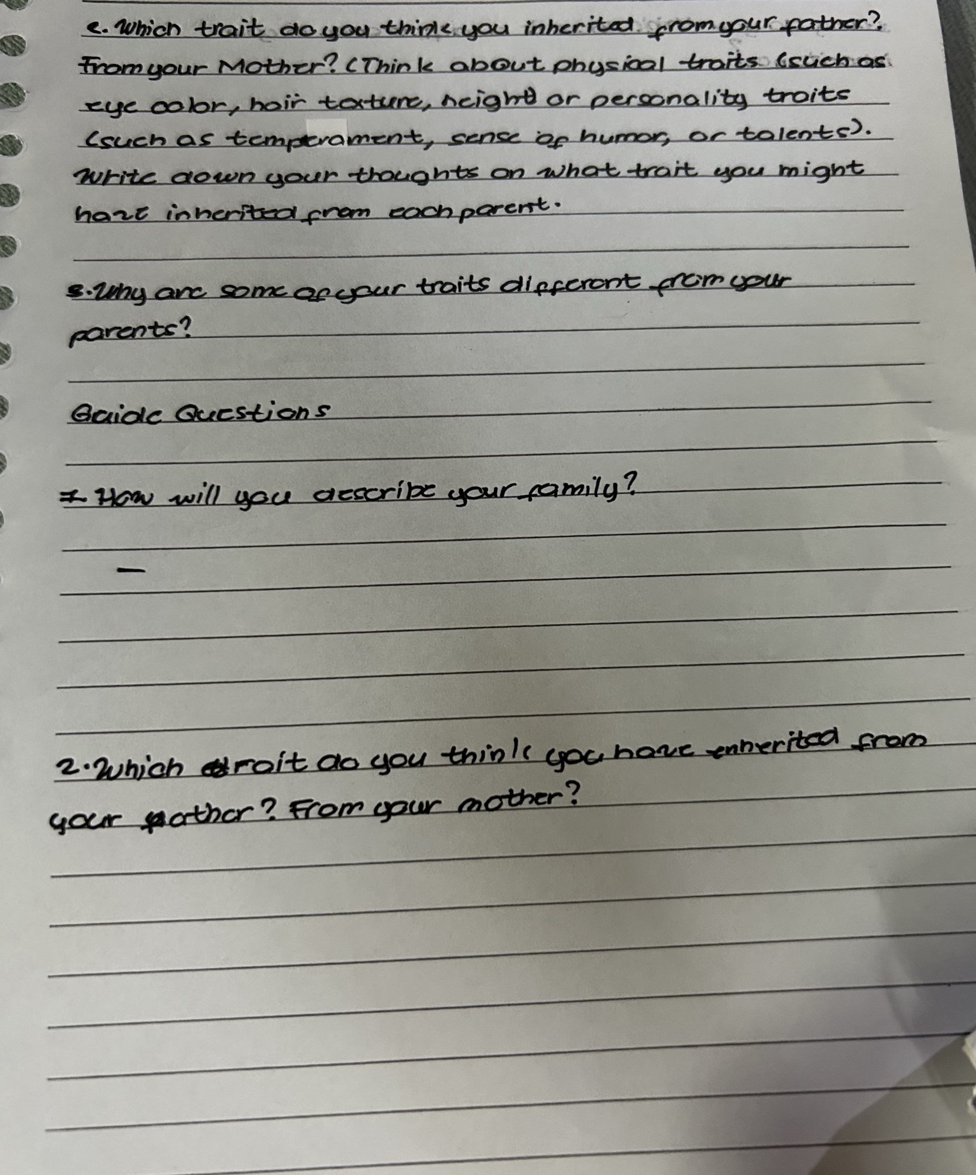 1. Which trait do you think you inherited | StudyX