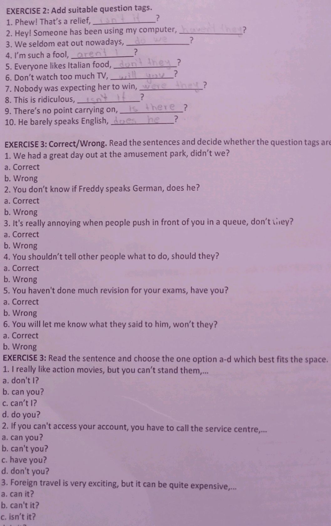 EXERCISE 2: Add suitable question tags. 1. | StudyX