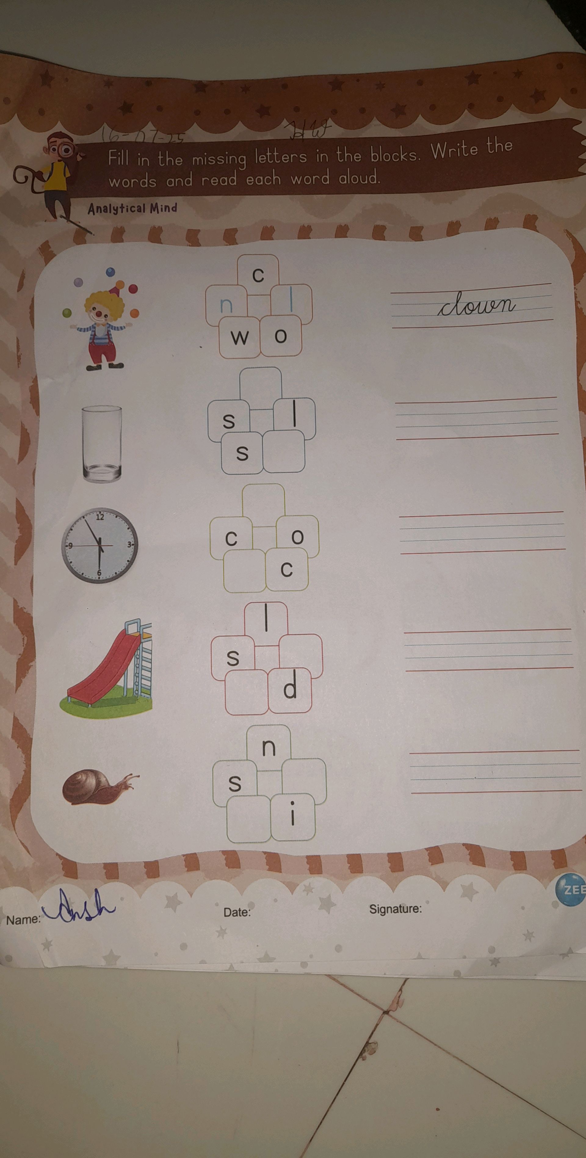 Fill in the missing letters in the blocks.