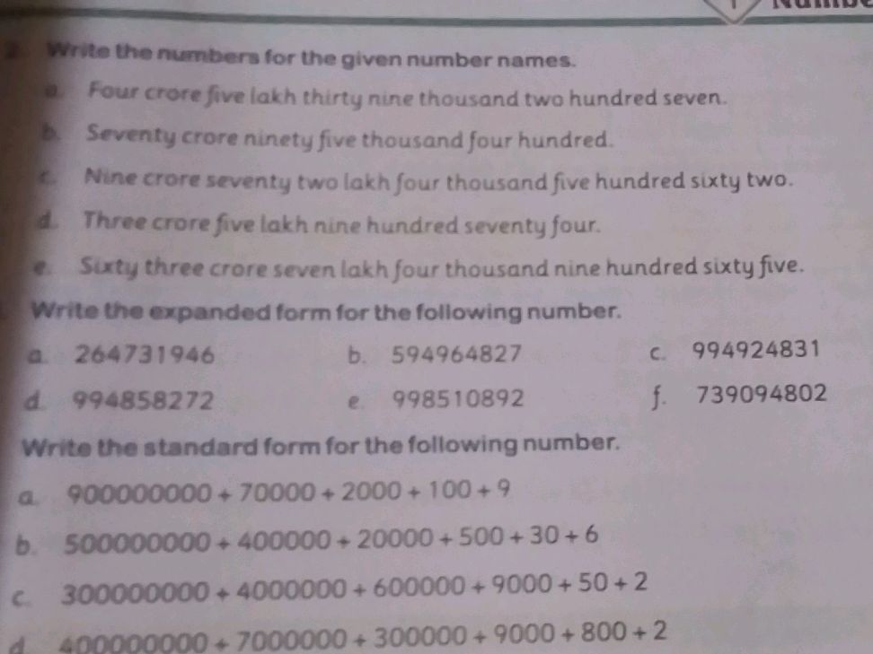 Write the numbers for the given number