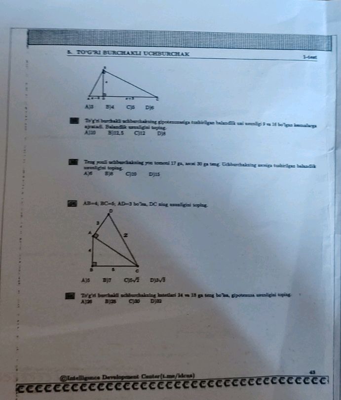5. TO'G'RI BURCHAKLI UCHBURCHAK | StudyX