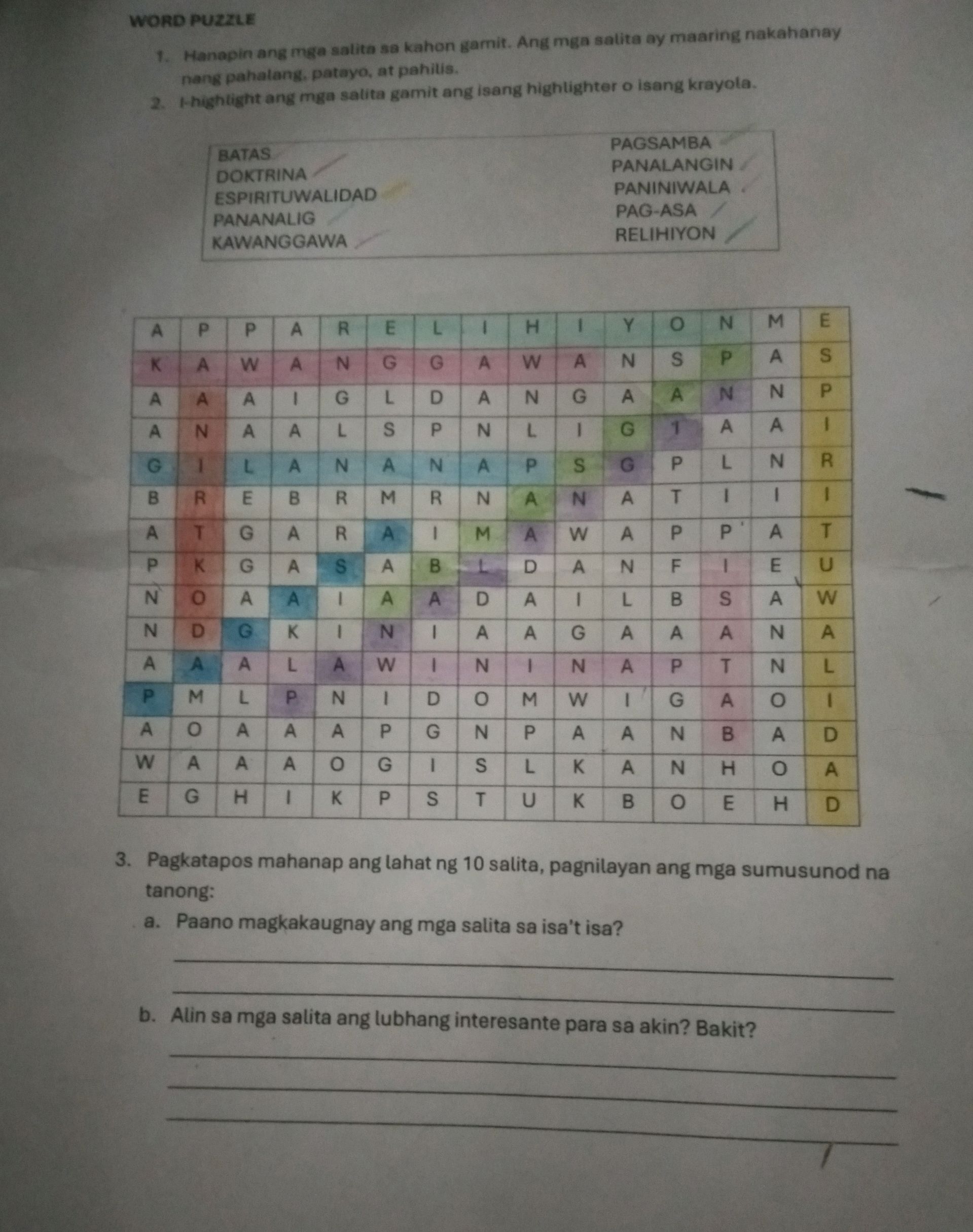 WORD PUZZLE 1. Hanapin ang mga salita sa | StudyX