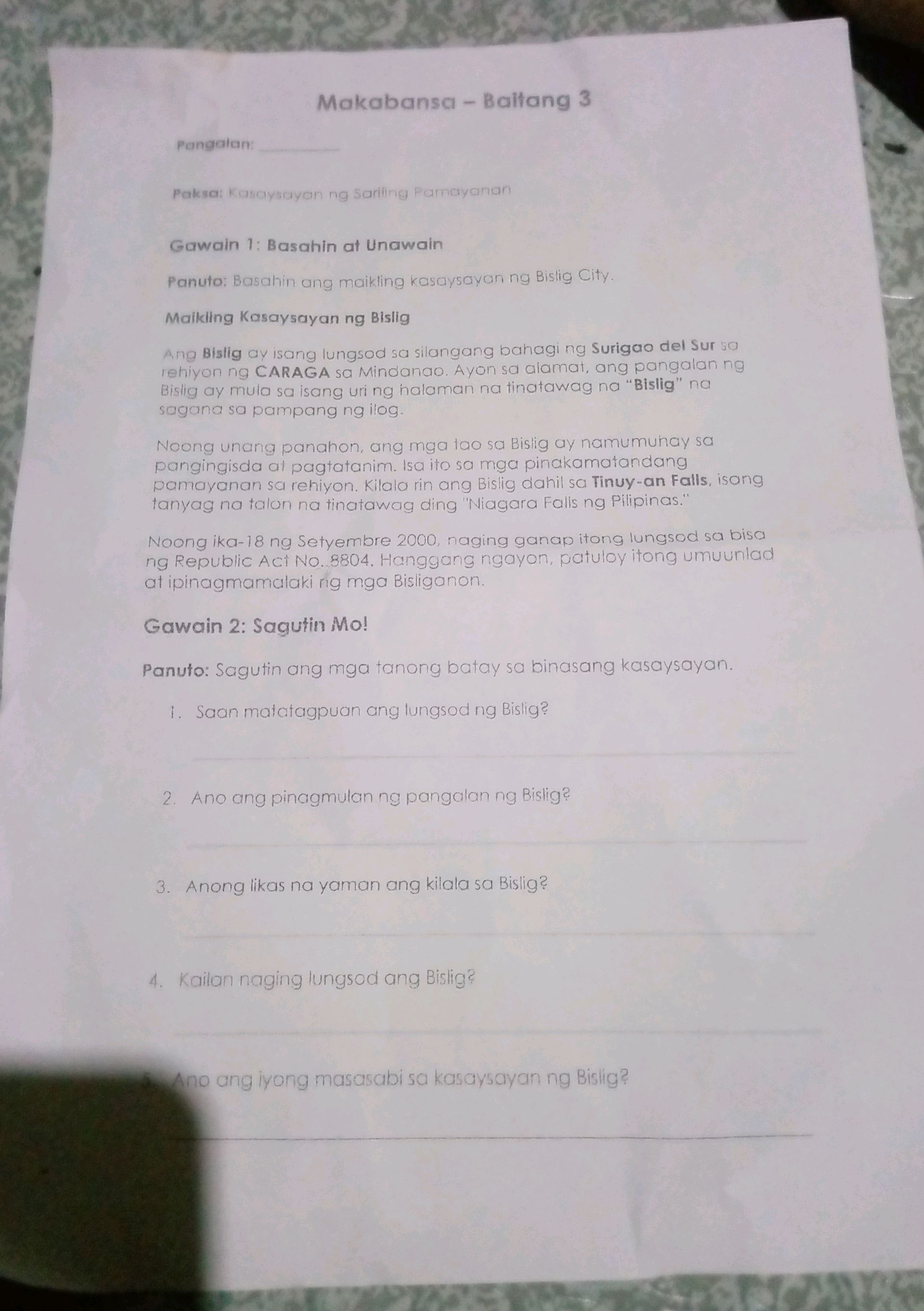 Gawain 2: Sagutin Mo! Panuto: Sagutin ang | StudyX