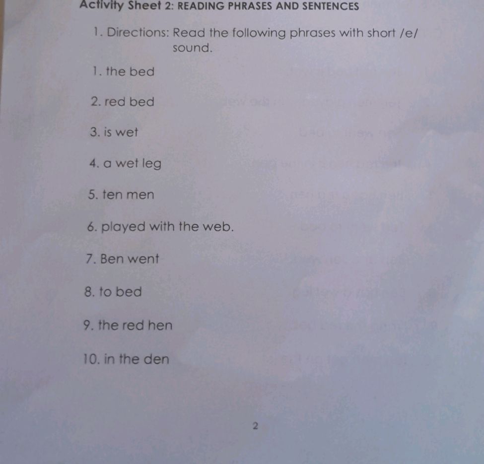 Activity Sheet 2: READING PHRASES AND | StudyX
