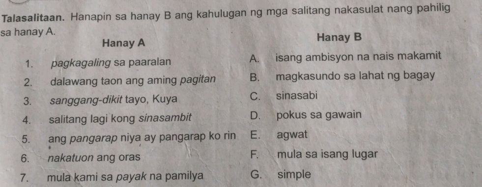 Talasalitaan. Hanapin sa hanay B ang | StudyX