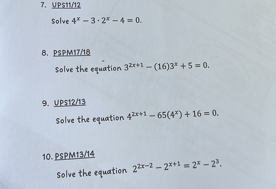 Solve $4^x - 3 2^x - 4 = 0$. Solve the | StudyX