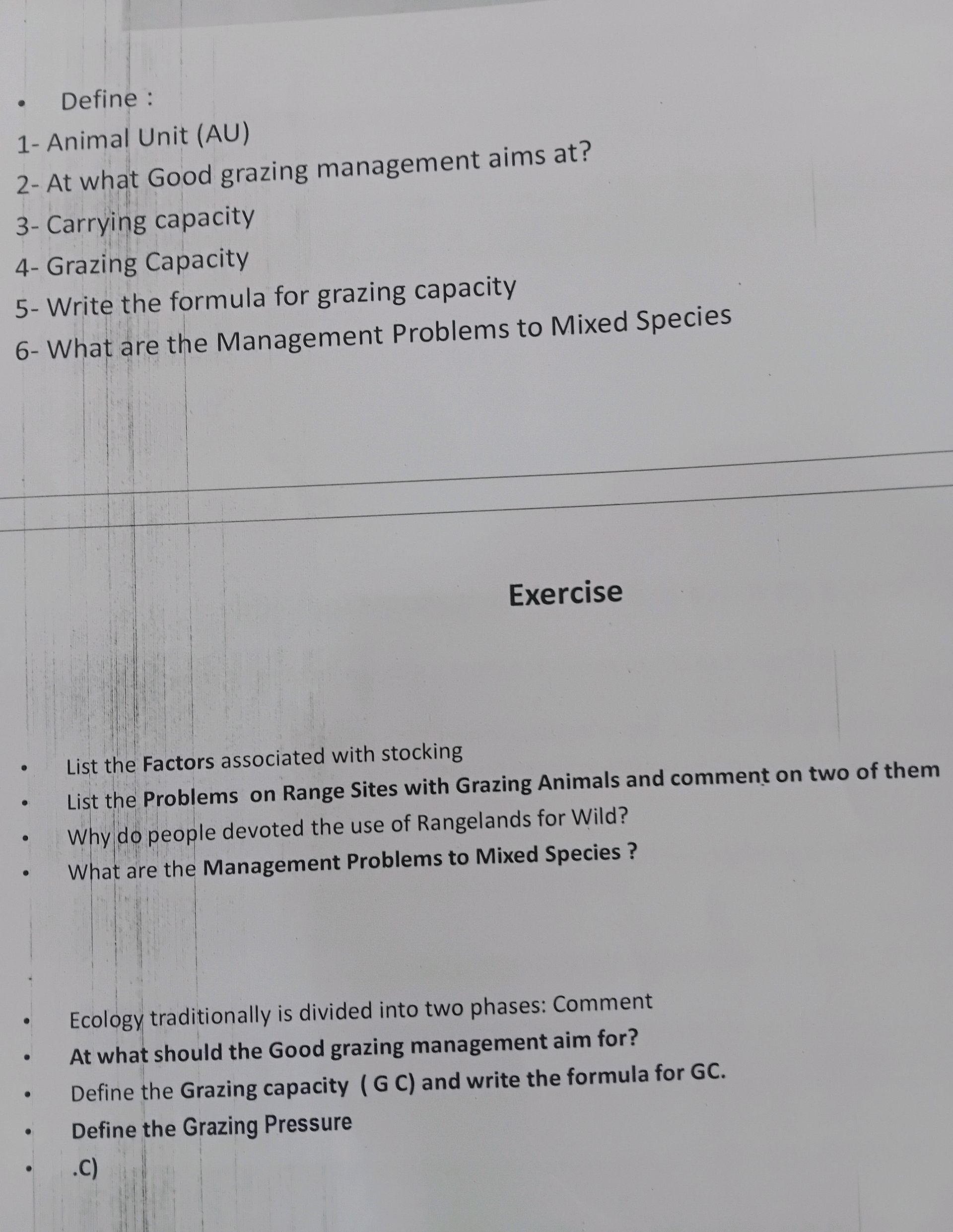 Define: 1- Animal Unit (AU) 2- At what Good | StudyX