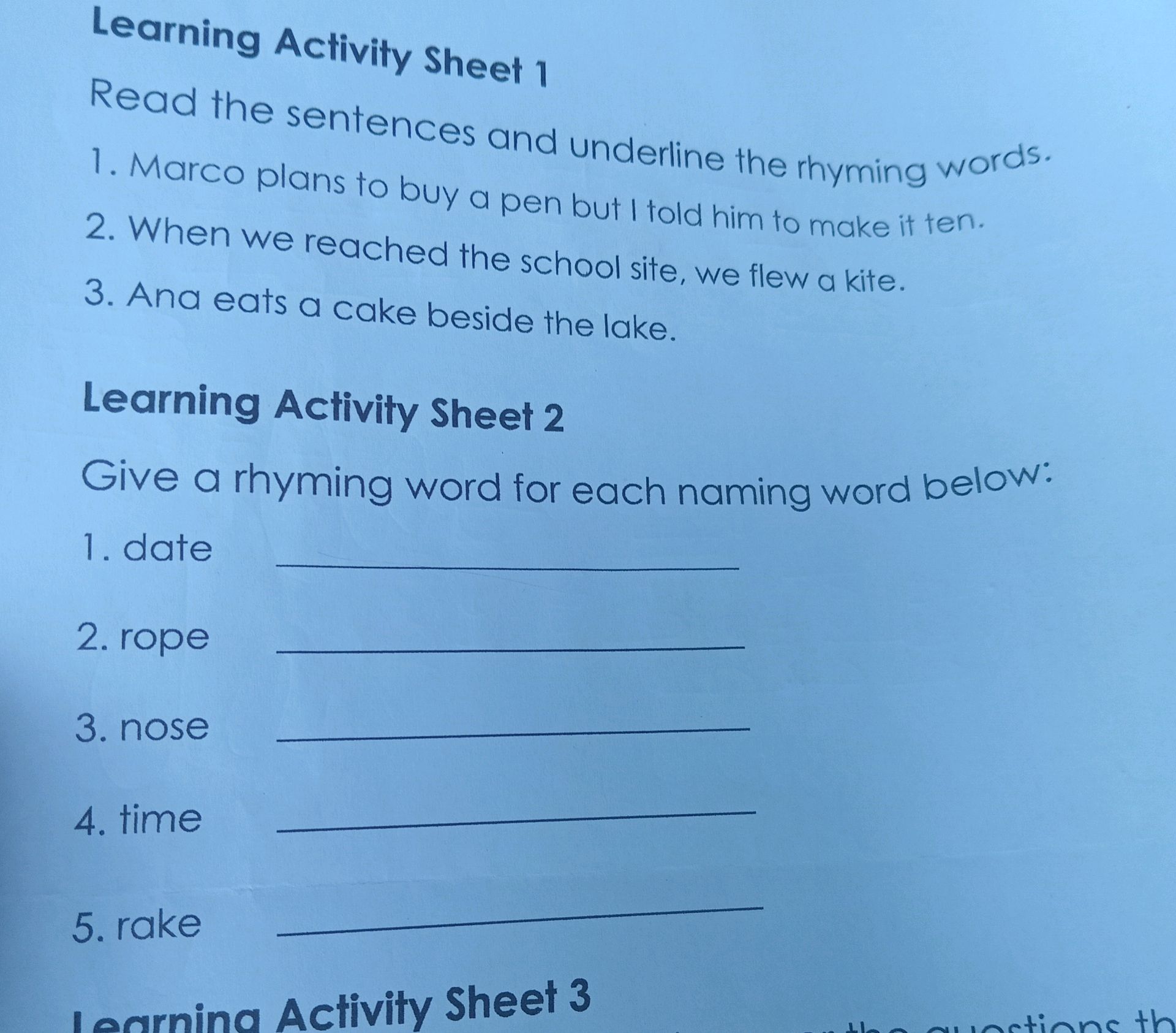 Learning Activity Sheet 1 Read the sentences | StudyX