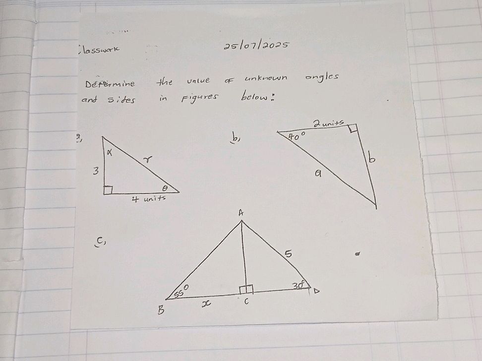 Determine the value of unknown angles and