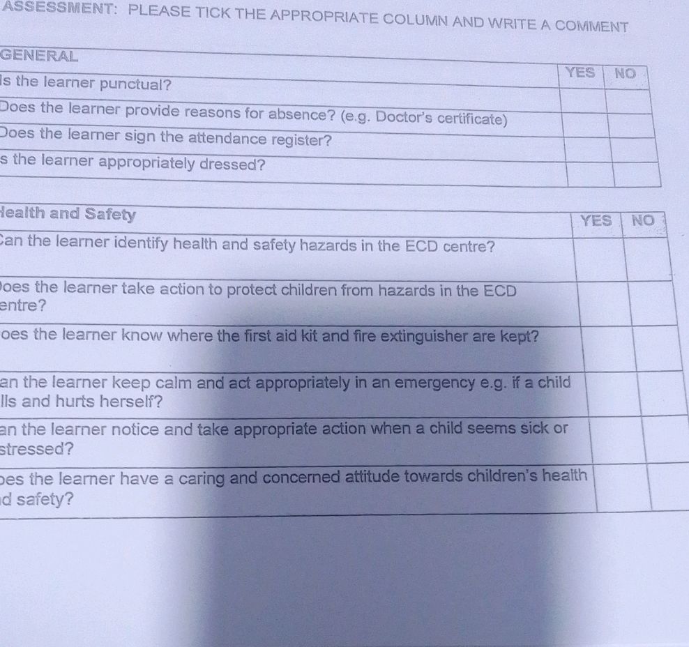 ASSESSMENT: PLEASE TICK THE APPROPRIATE | StudyX