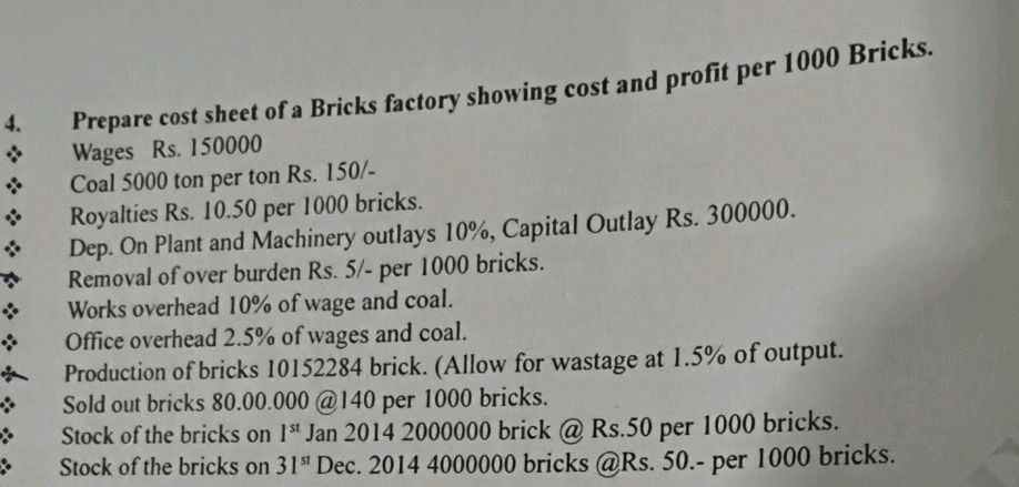 Prepare cost sheet of a Bricks factory | StudyX