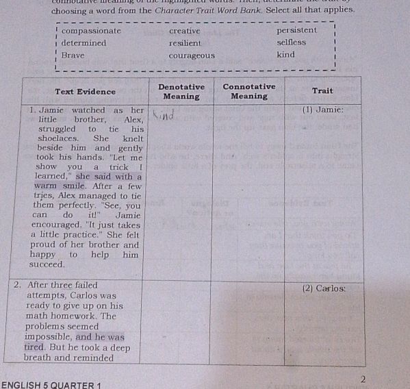 Choose a word from the Character Trait Word | StudyX