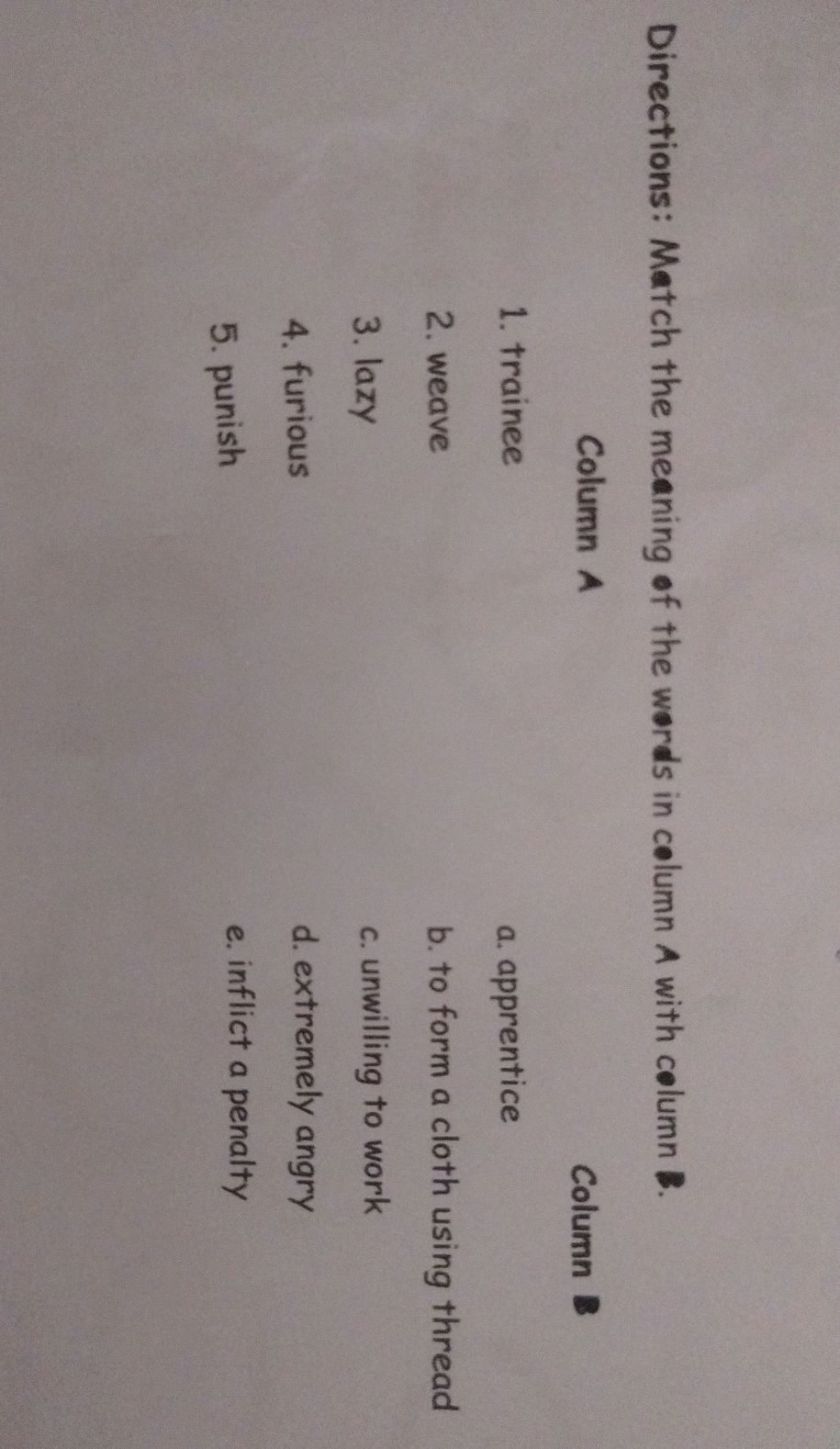 Directions: Match the meaning of the words | StudyX