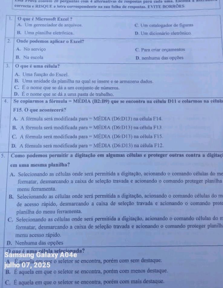 1. O que é Microsoft Excel? A. Um | StudyX