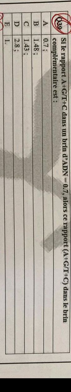 Si le rapport A+G/T+C dans un brin d'ADN = | StudyX