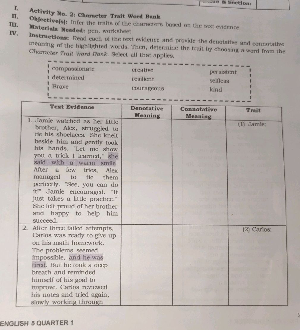 1. Activity No. 2: Character Trait Word Bank | StudyX