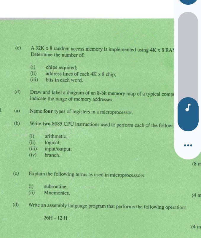 (c) A 32K x 8 random access memory is | StudyX