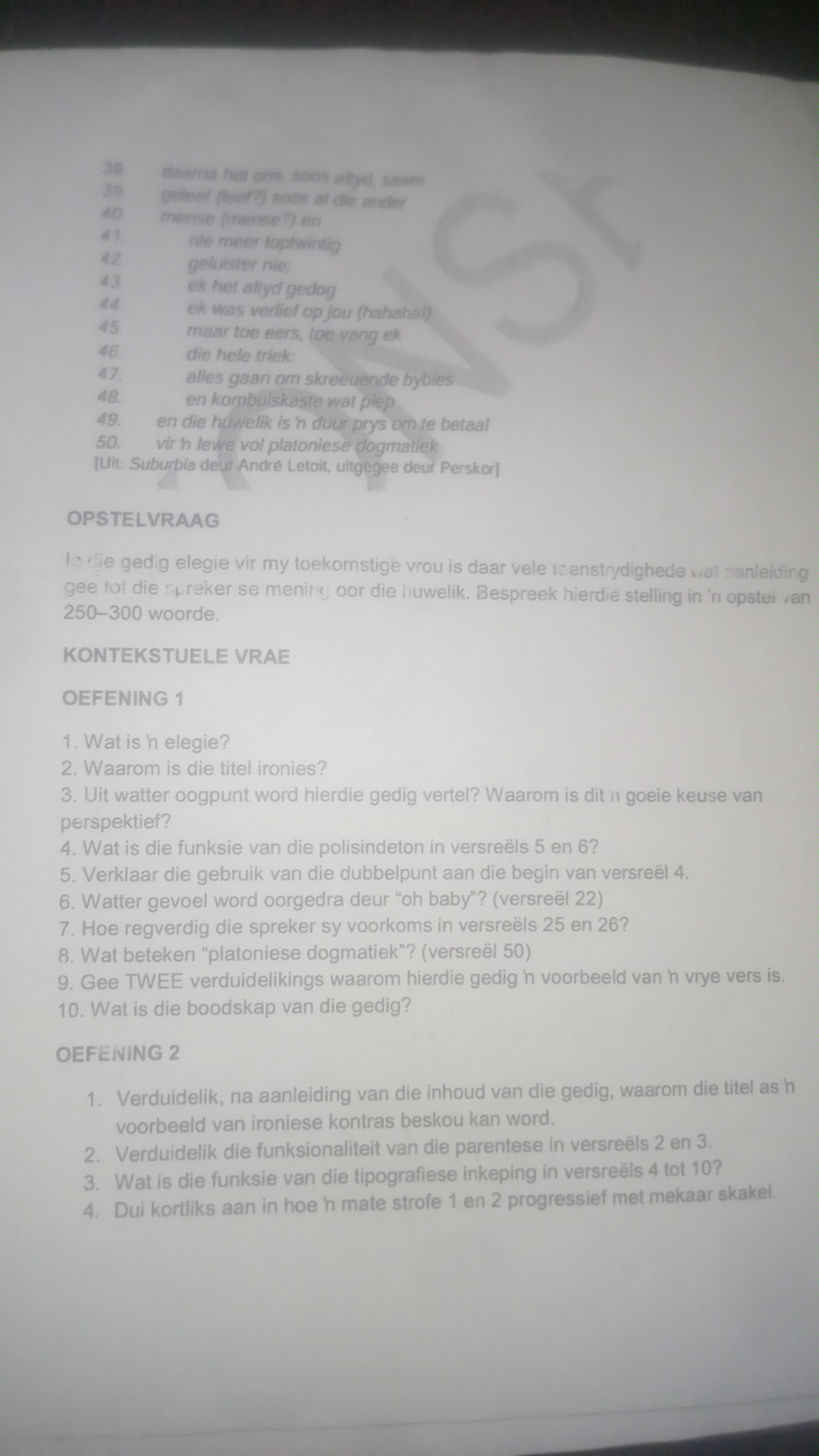 OPSTELVRAAG In die gedig elegie vir my