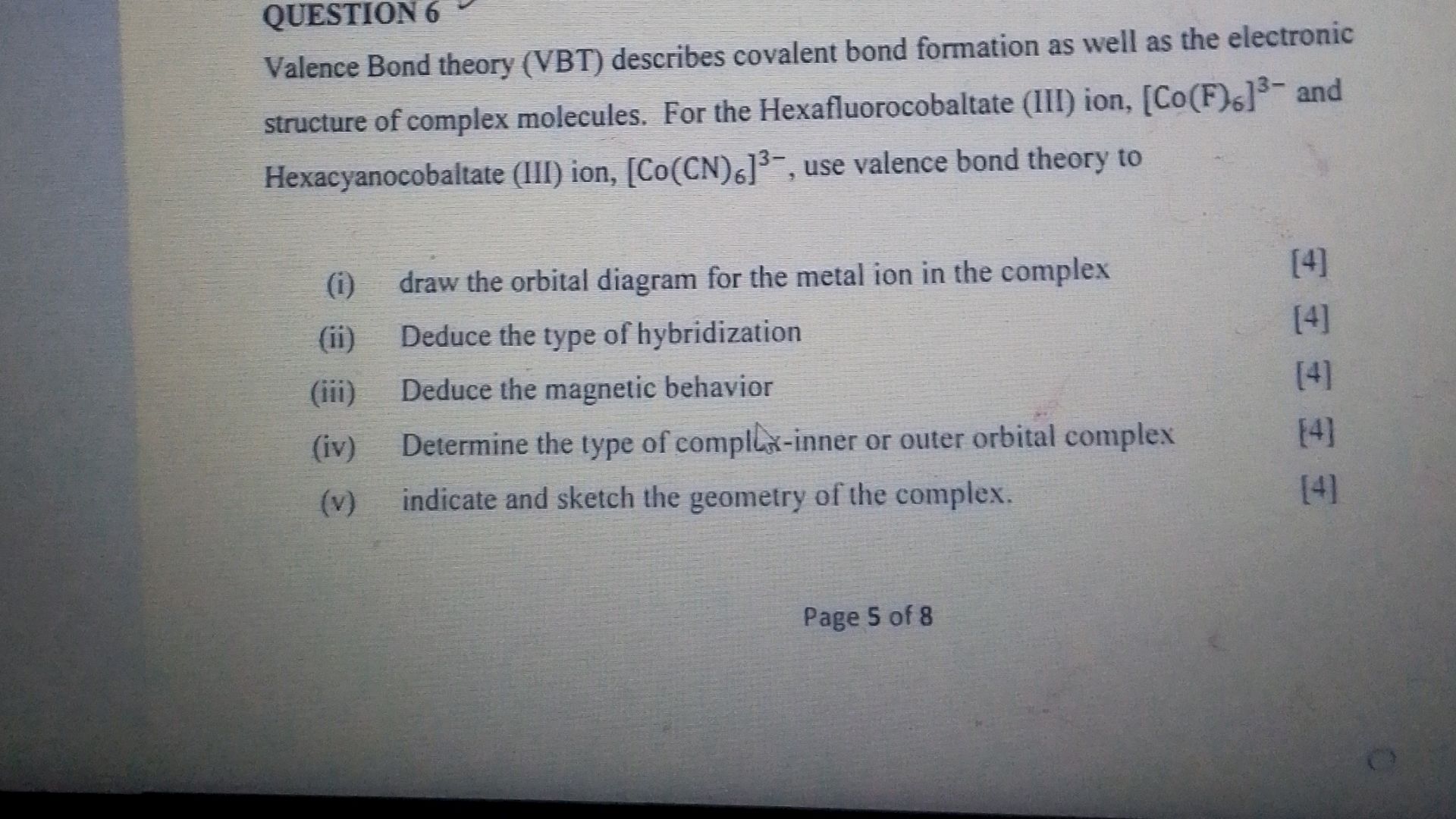 QUESTION 6 Valence Bond theory (VBT) | StudyX