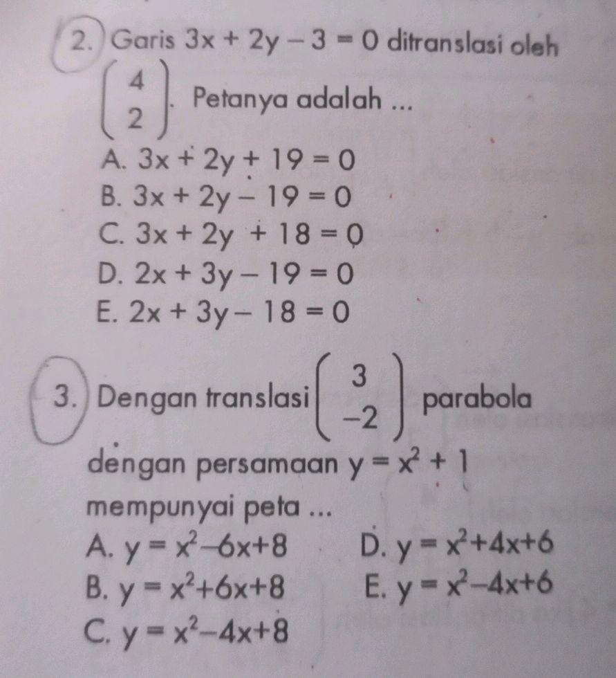 2. Garis $3x + 2y - 3 = 0$ ditranslasi oleh | StudyX