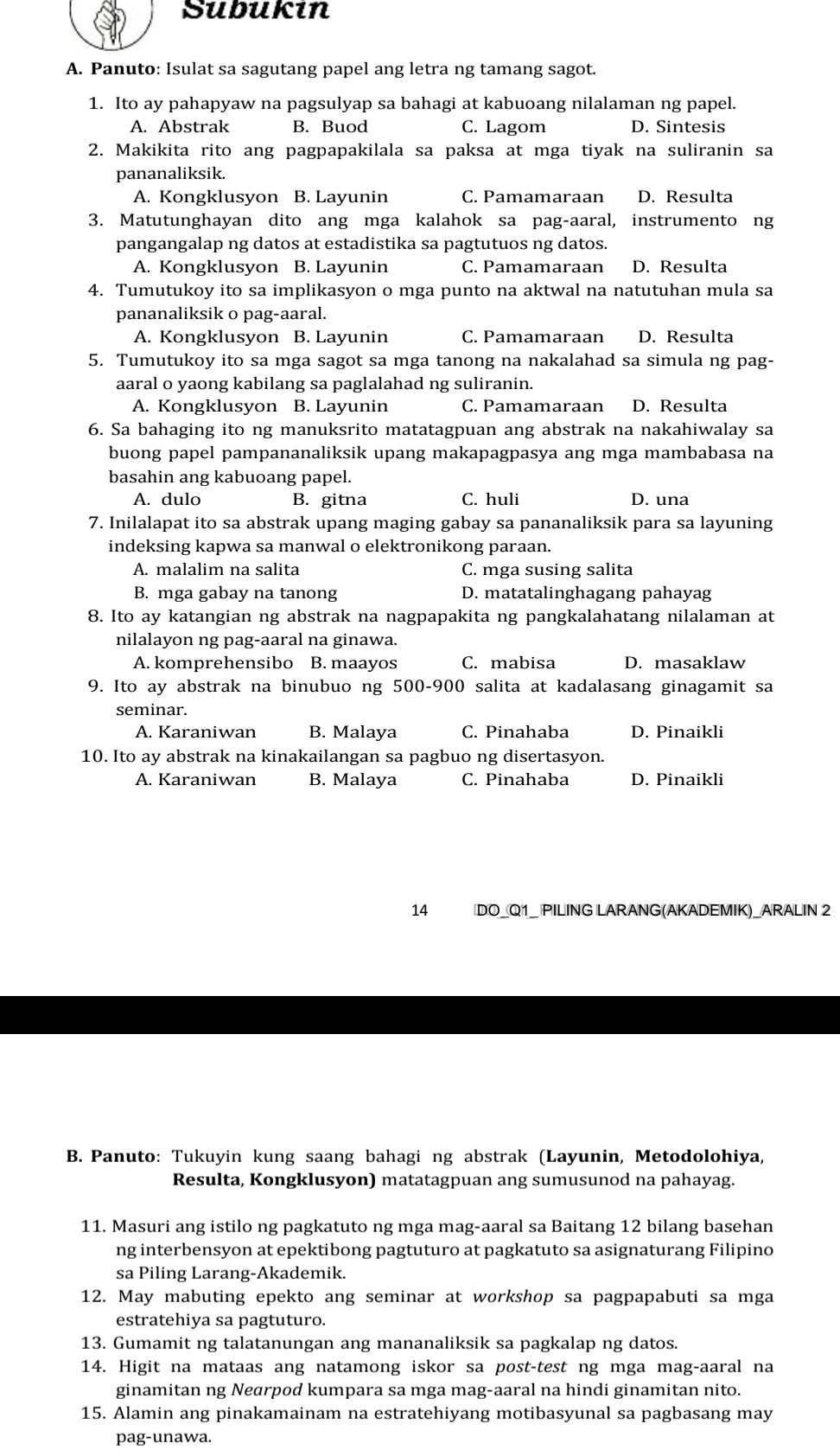 A. Panuto: Isulat sa sagutang papel ang | StudyX