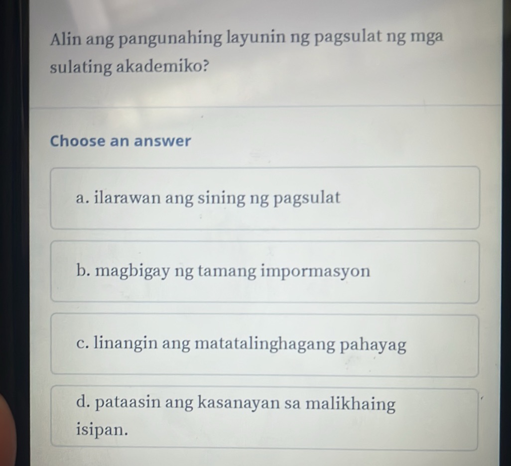 Alin ang pangunahing layunin ng pagsulat ng | StudyX
