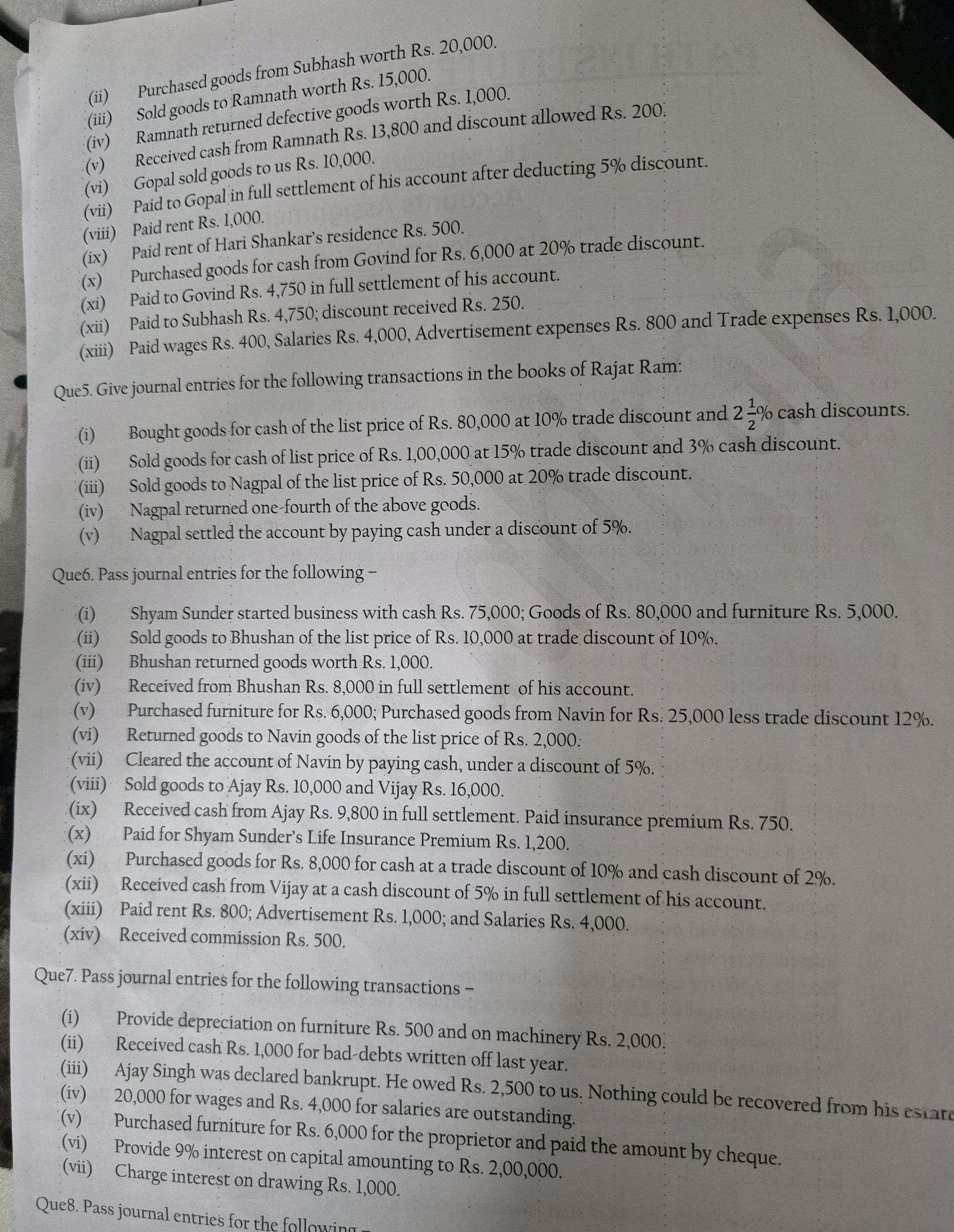 Que5. Give journal entries for the following | StudyX