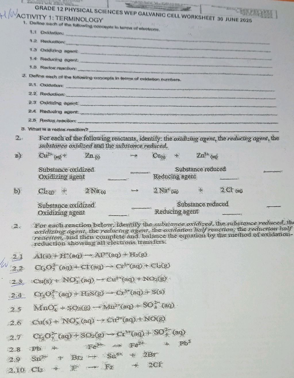 GRADE 12 PHYSICAL SCIENCES WEP GALVANIC CELL | StudyX