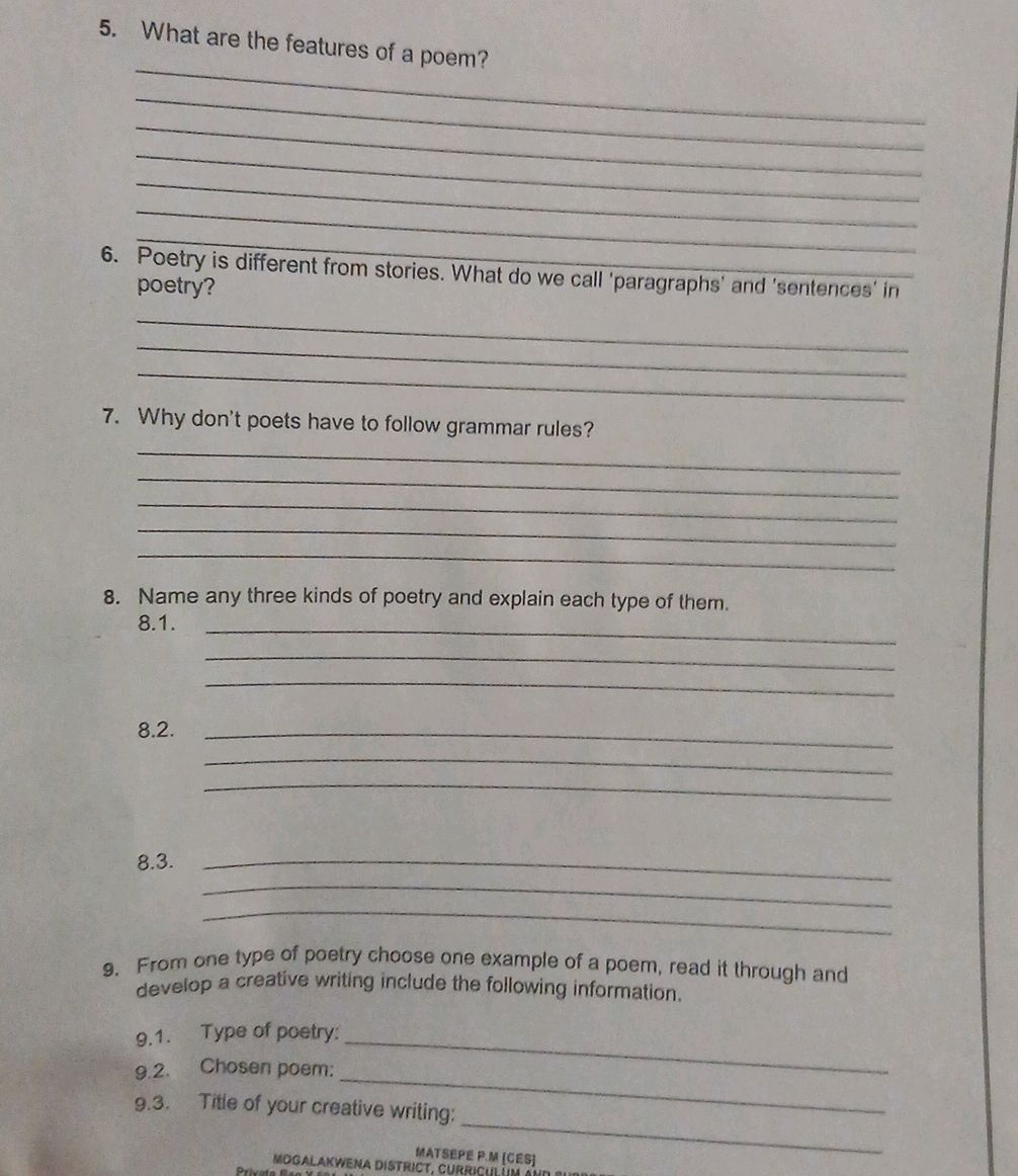 5. What are the features of a poem? 6. | StudyX