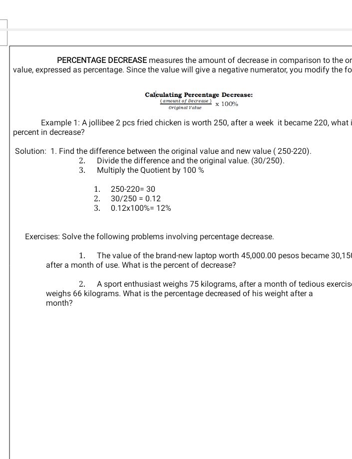 Calculating Percentage Decrease Amount Studyx