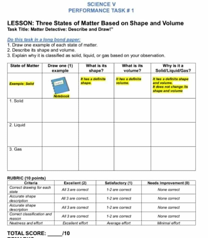 SCIENCE V PERFORMANCE TASK #1 LESSON: Three | StudyX