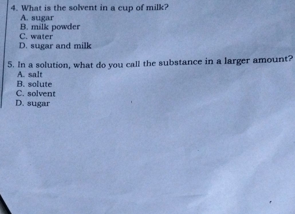 What is the solvent in a cup of milk? A.