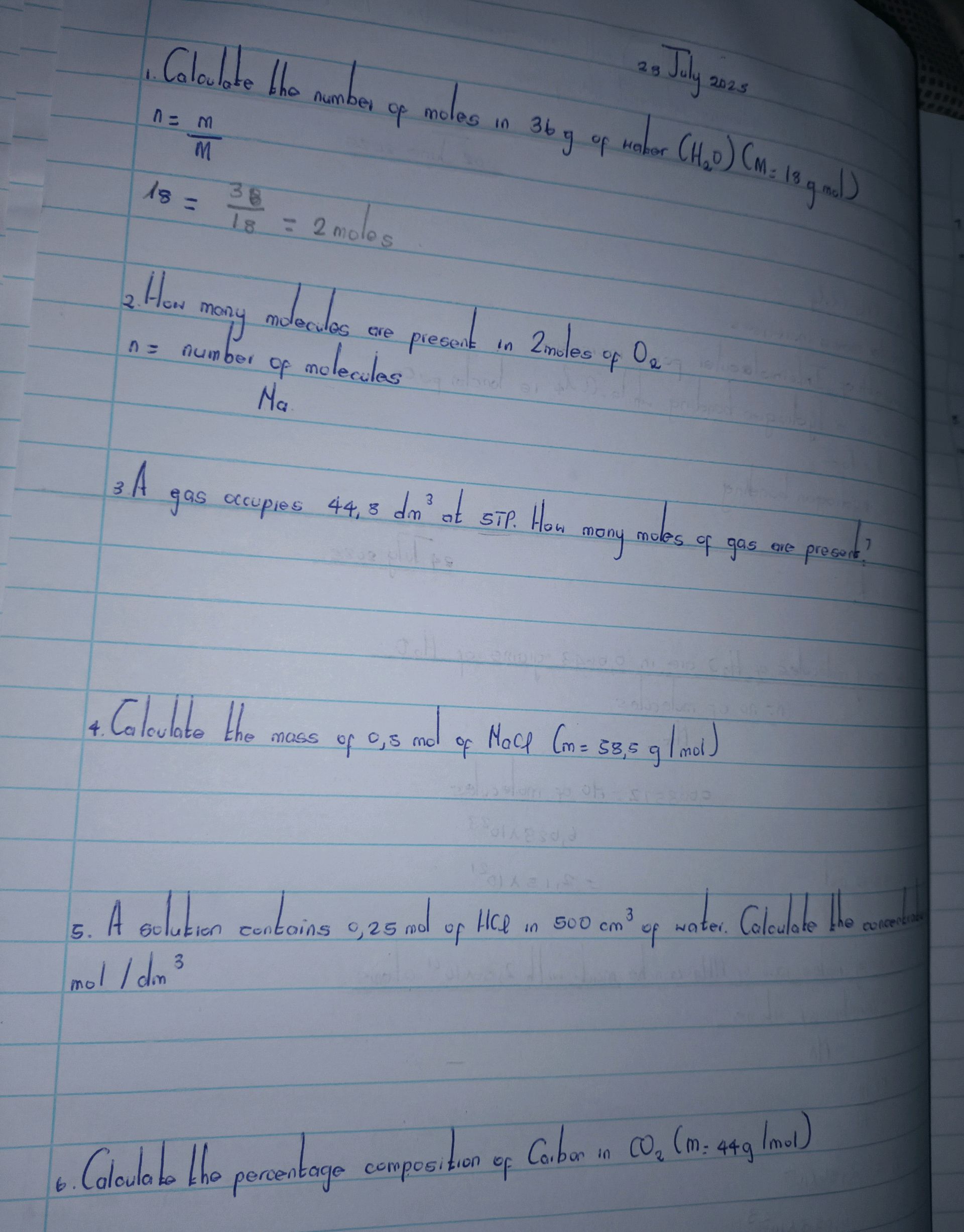 1. Calculate the number of moles in 36 g of | StudyX