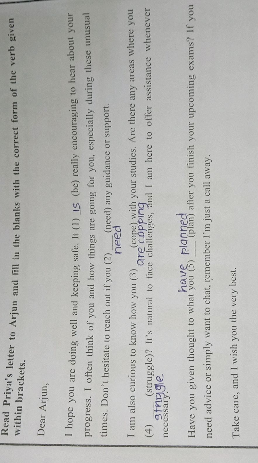 Read Priya's letter to Arjun and fill in the | StudyX