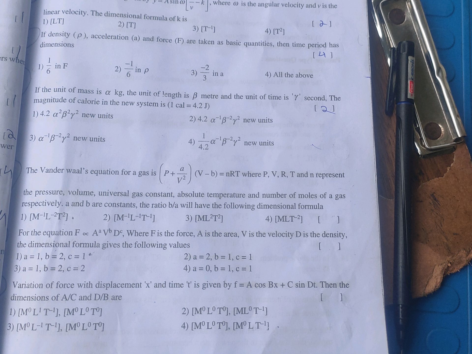The dimensional formula of *k* is: 1) [LT] | StudyX