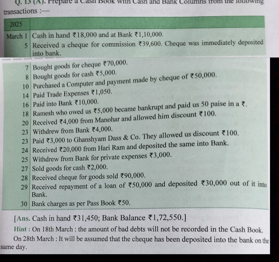 Q. 13 (A). Prepare a Cash Book with Cash and | StudyX