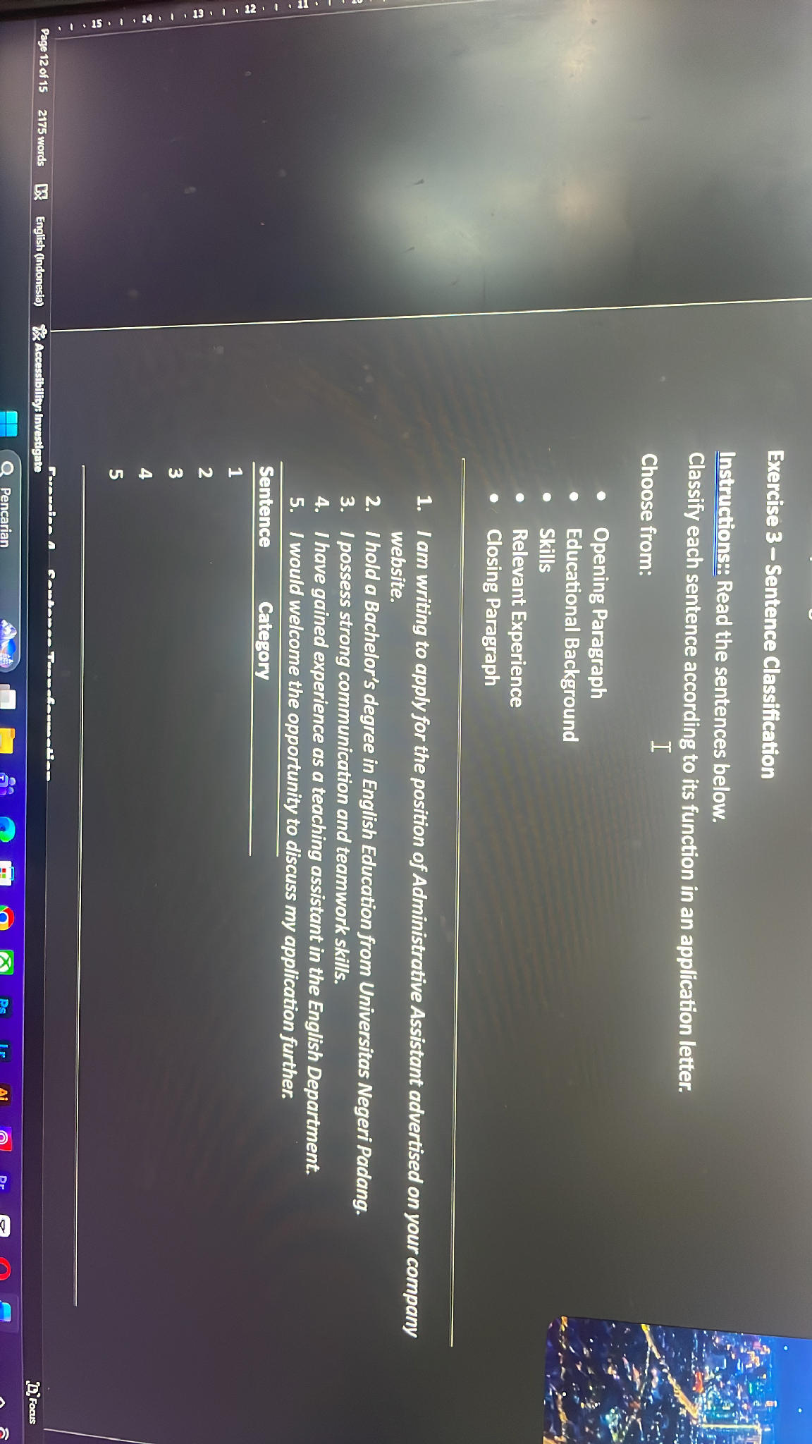 Exercise 3 - Sentence Classification | StudyX
