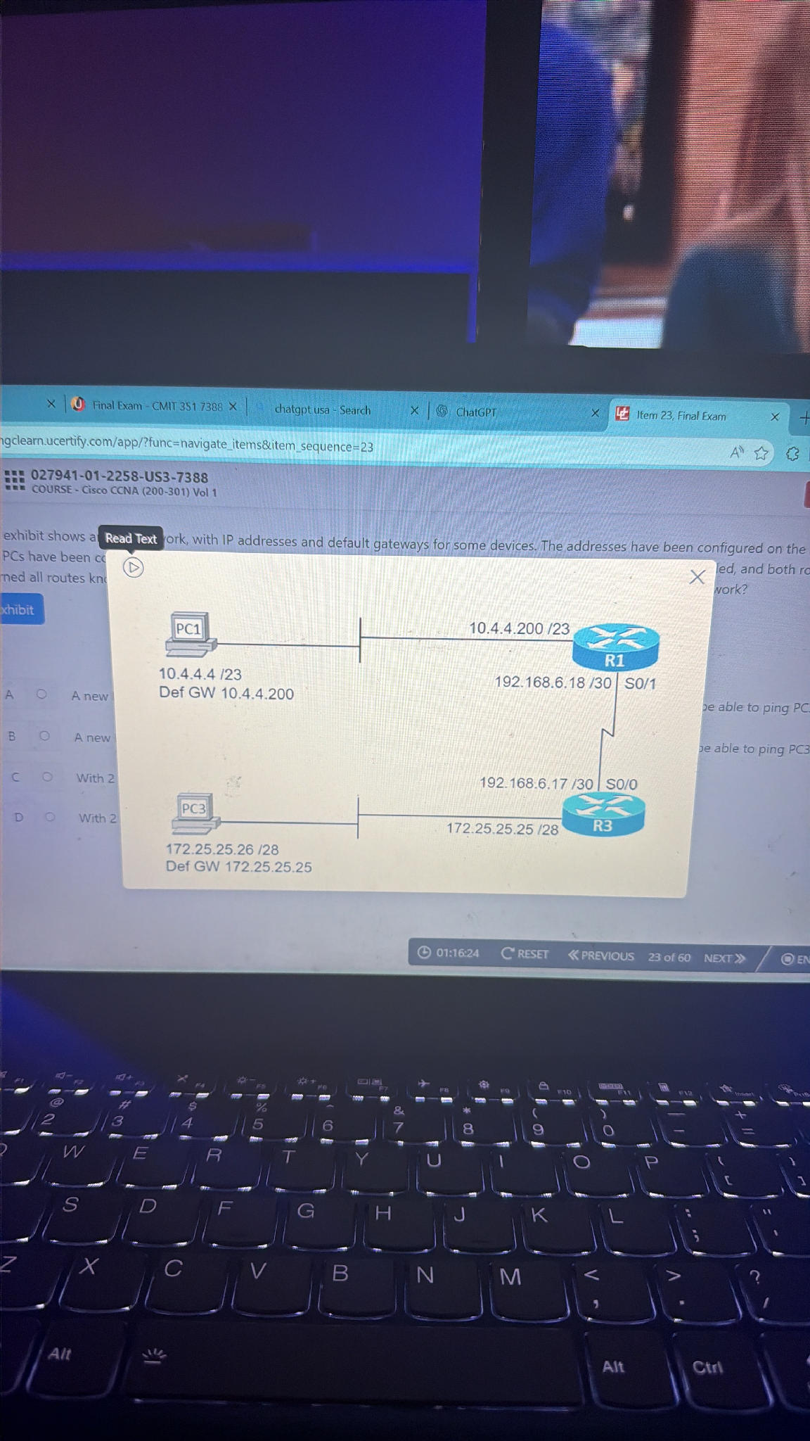 The exhibit shows a network with IP | StudyX