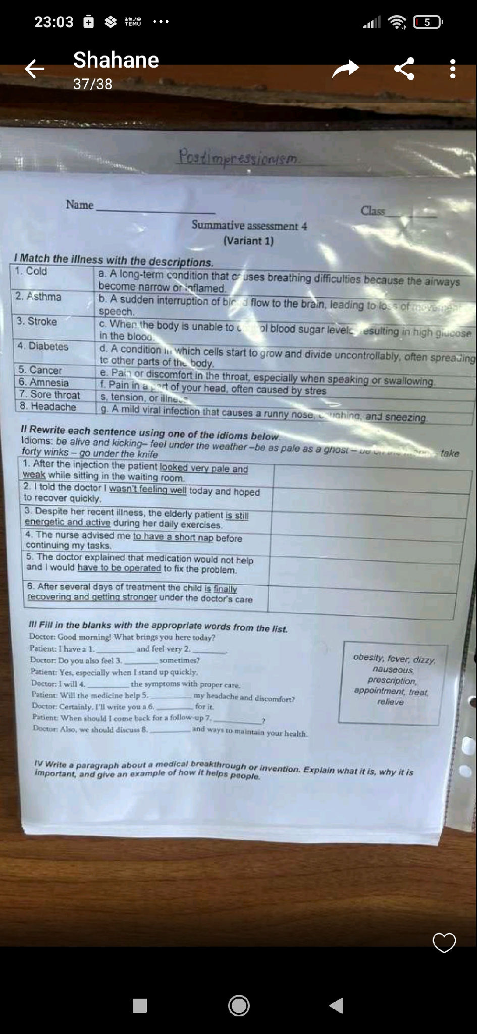 I Match the illness with the descriptions. | StudyX