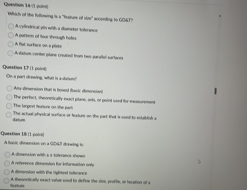 Question 18 (1 point) A basic dimension on a | StudyX