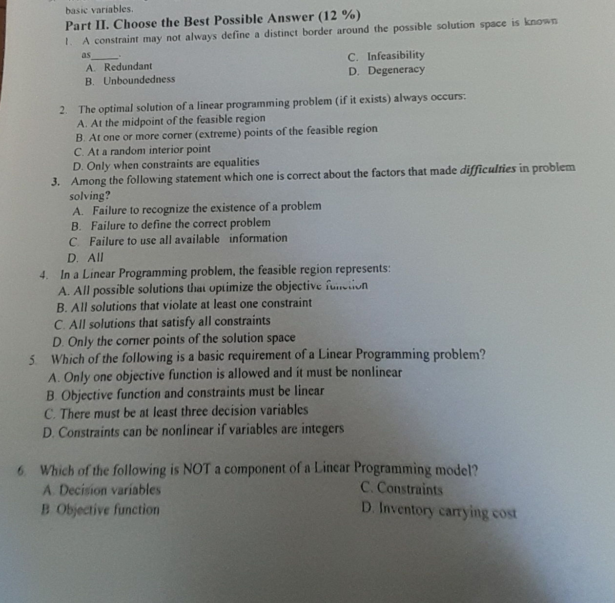 Part II. Choose the Best Possible Answer (12 | StudyX