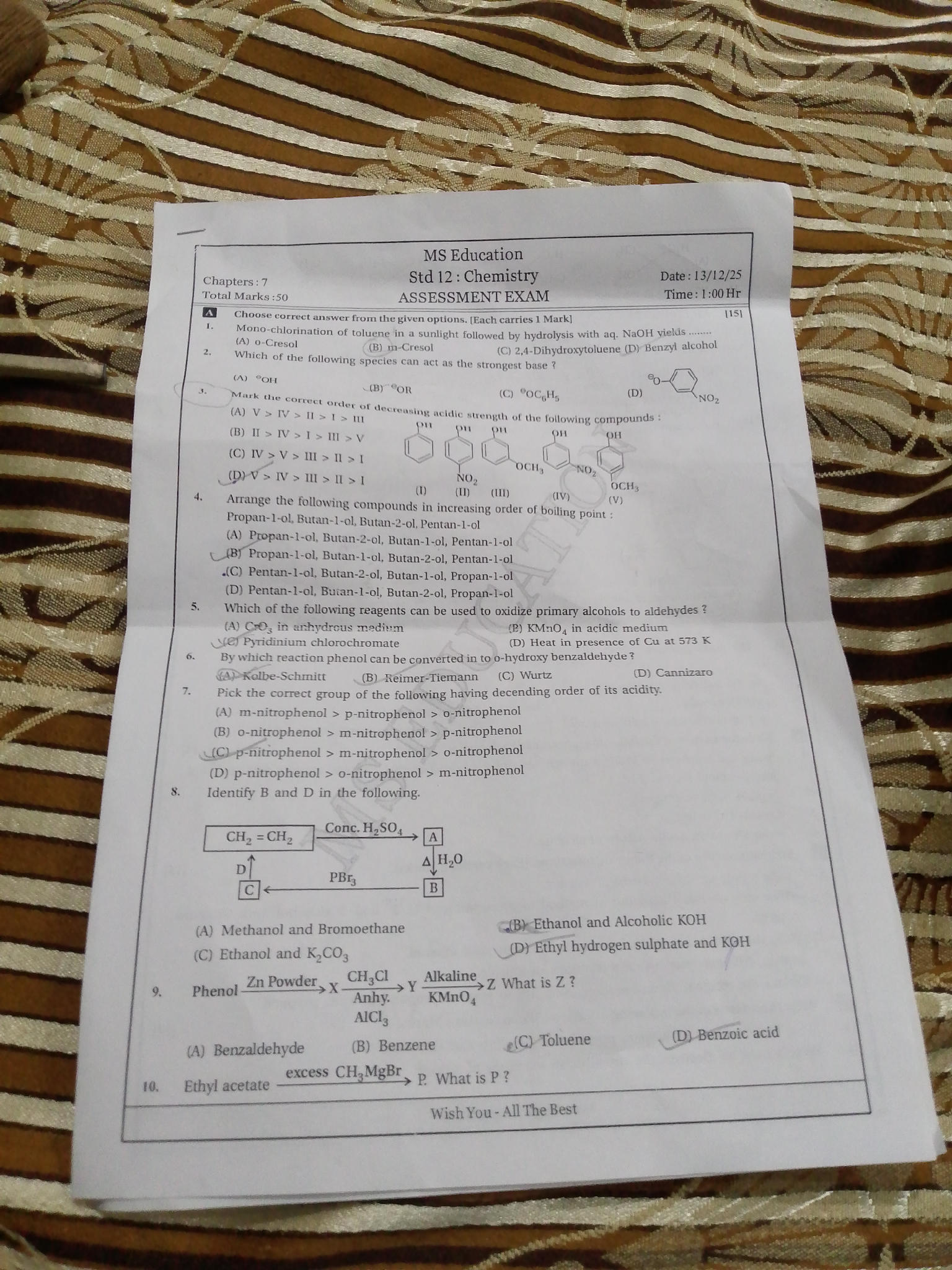 Mono-chlorination of toluene in a sunlight | StudyX