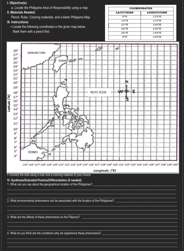 I. Objective(s): a. Locate the Philippine