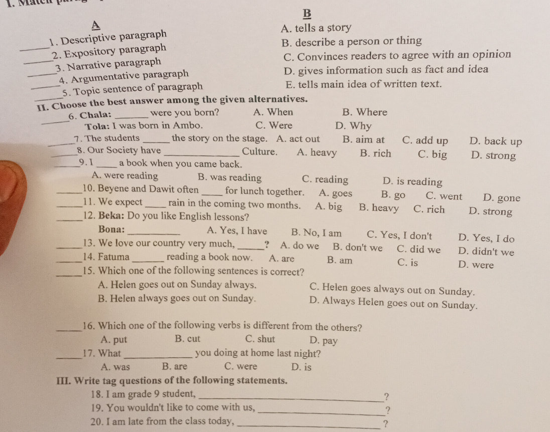 Match paragraph A 1. Descriptive paragraph | StudyX