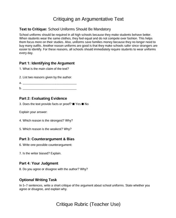 Text to Critique: School Uniforms Should Be | StudyX