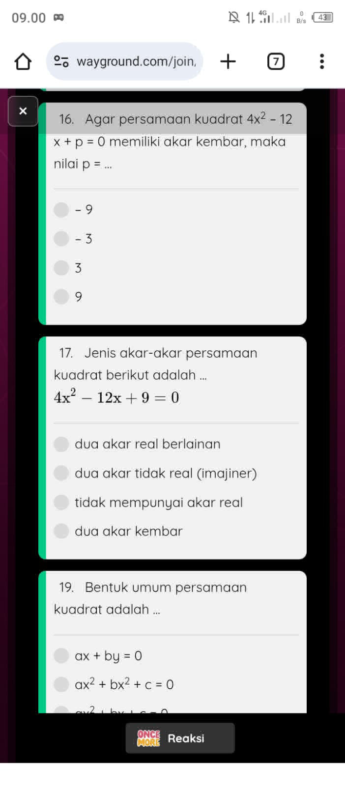 Jenis akar-akar persamaan kuadrat berikut | StudyX