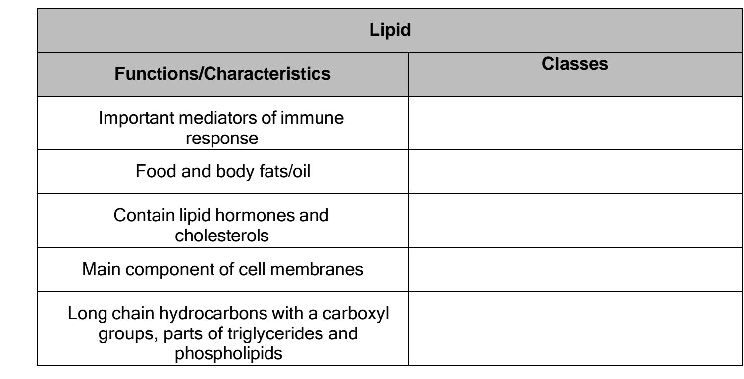 Lipid | Functions/Characteristics | Classes | StudyX