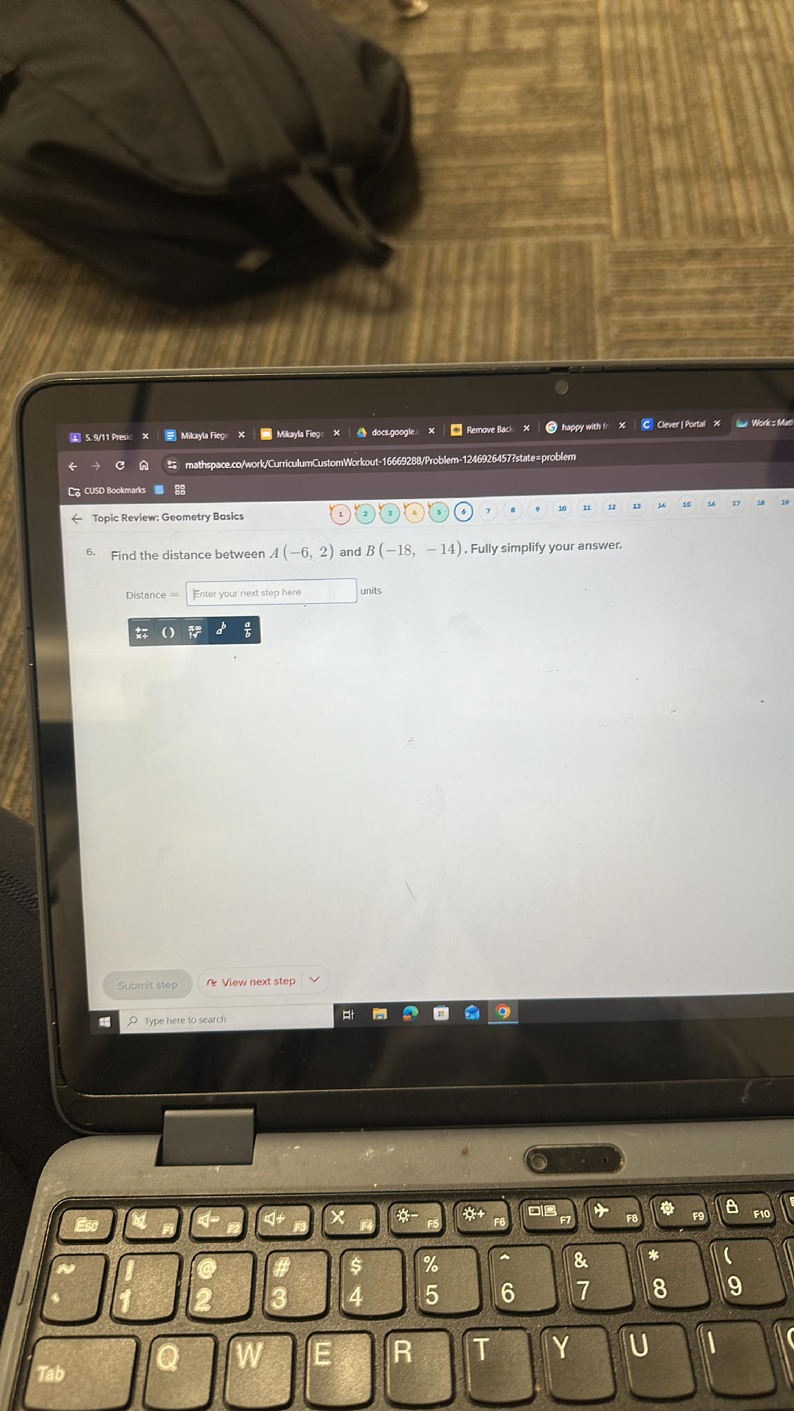 Find the distance between $A(-6, 2)$ and | StudyX