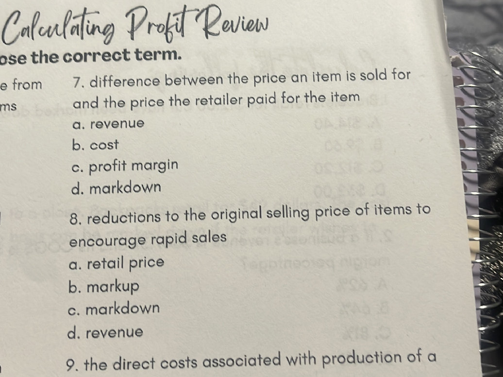Calculating Profit Review Choose the | StudyX
