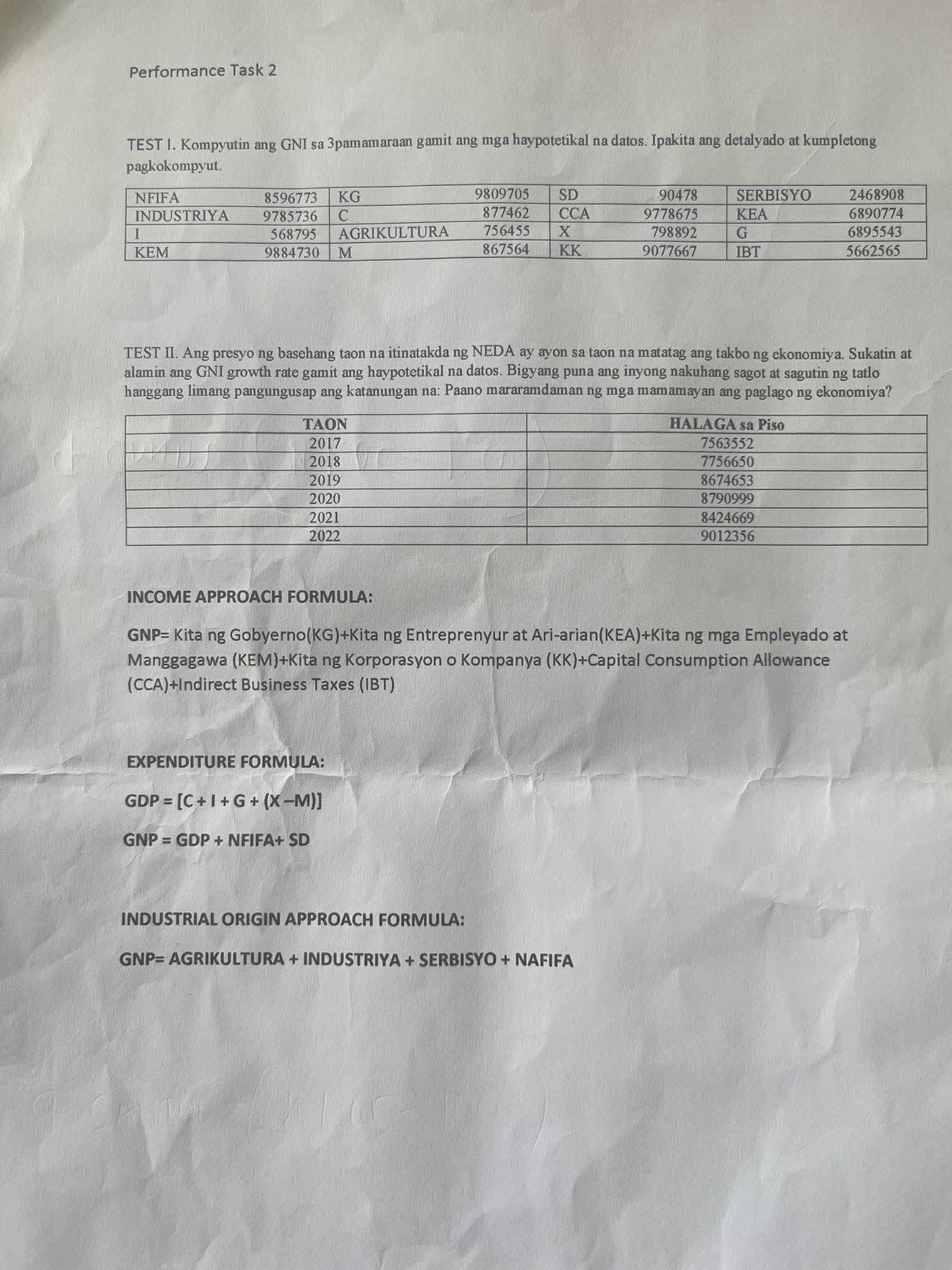 INCOME APPROACH FORMULA: GNP= Kita ng | StudyX